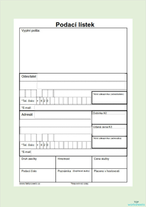 Podací lístek. Interaktivní pracovní list | TopWorksheets