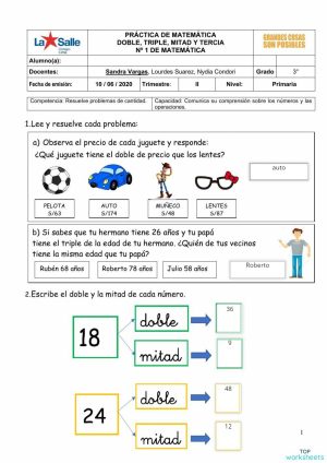 Doble, triple, mitad y tercio. Ficha interactiva | TopWorksheets