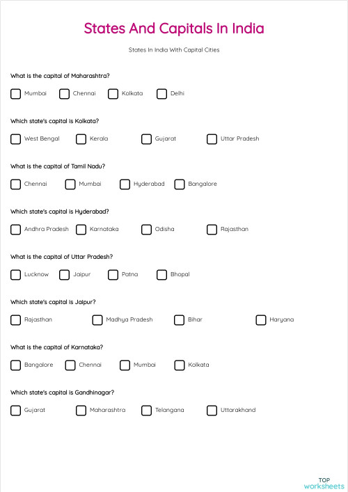 States And Capitals In India. Interactive worksheet | TopWorksheets