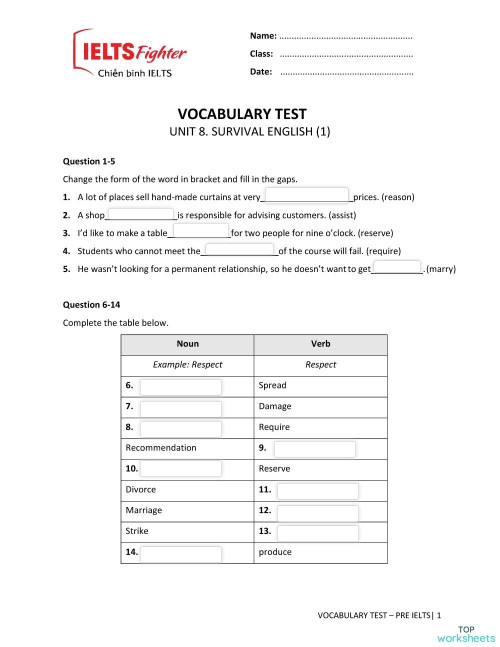 Vocab Test 7. Interactive worksheet | TopWorksheets