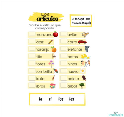 ARTÍCULOS. Maestra Magaly. Primer grado. Ficha interactiva | TopWorksheets