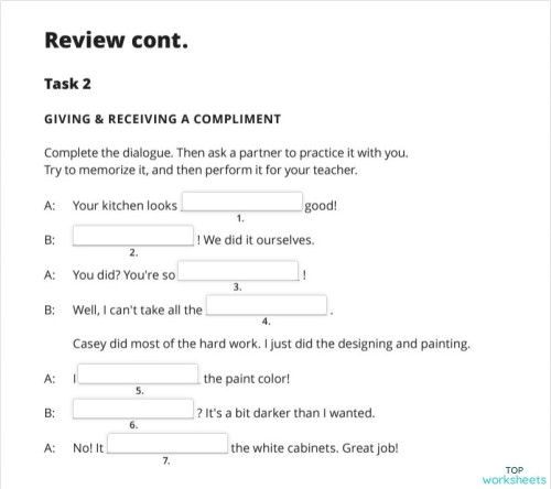 Complete a conversation using compliment. Interactive worksheet ...