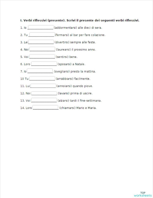 Verbi Riflessivi. Scheda interattiva | TopWorksheets