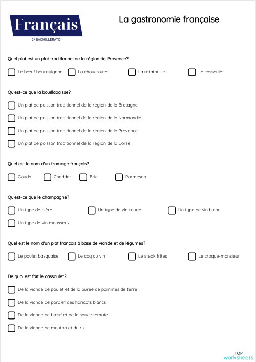 La gastronomie française. Fiche interactive | TopWorksheets
