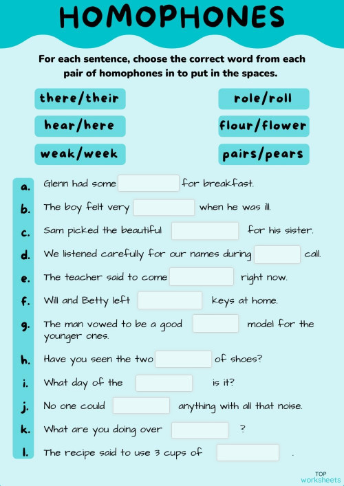 Homophones. Interactive worksheet | TopWorksheets