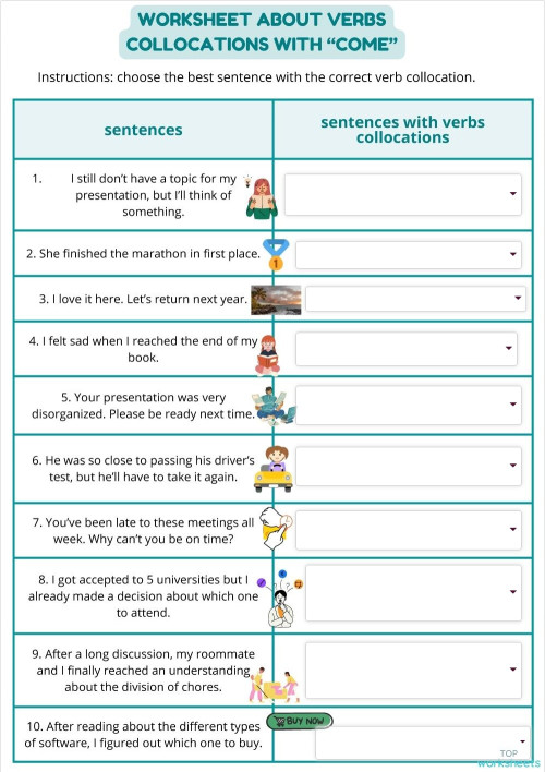 verbs collocations woth come worksheet. Interactive worksheet ...