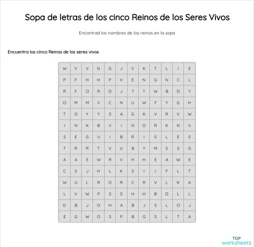 Sopa de letras de los cinco Reinos de los Seres Vivos. Ficha ...