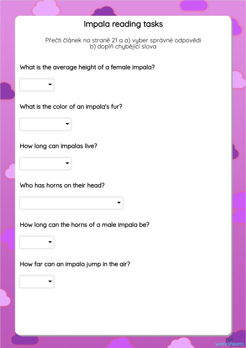 Impala reading tasks. Interactive worksheet | TopWorksheets