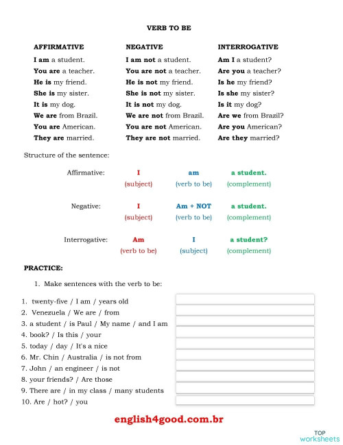 To be Structure. Interactive worksheet | TopWorksheets