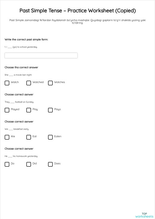 Past Simple Tense – Practice Worksheet (Copied). Interactive worksheet ...