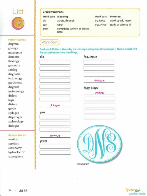 List 19: Word Sort Pg 74. Interactive worksheet | TopWorksheets