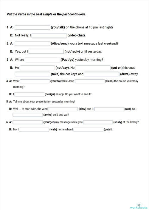 Past Simple vs Past Continuous A2+. Interactive worksheet | TopWorksheets