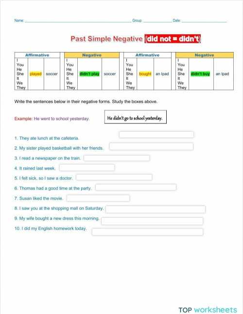 Simple Past Negative. Interactive worksheet | TopWorksheets