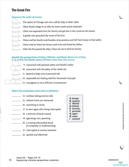 Lesson 65: The Great Fire Pg 76. Interactive worksheet | TopWorksheets