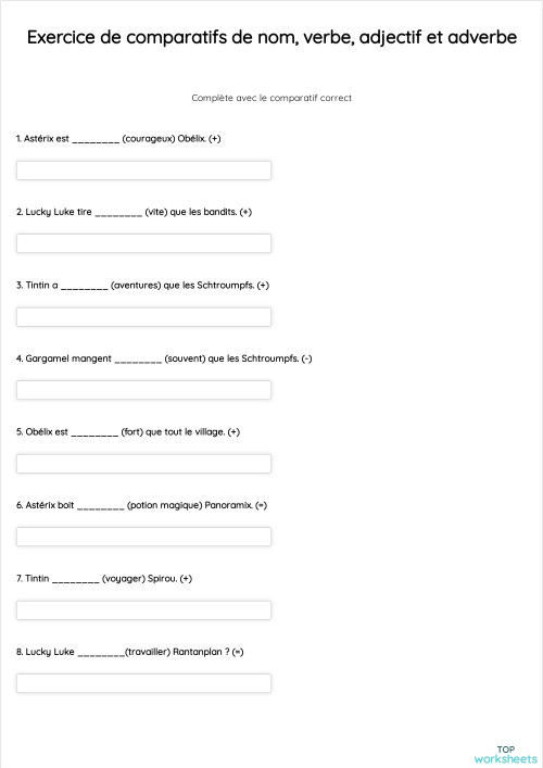Exercice de comparatifs de nom, verbe, adjectif et adverbe. Fiche ...