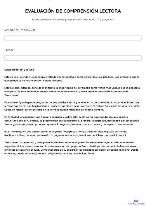 EVALUACIÓN DE COMPRENSIÓN LECTORA. Ficha interactiva | TopWorksheets