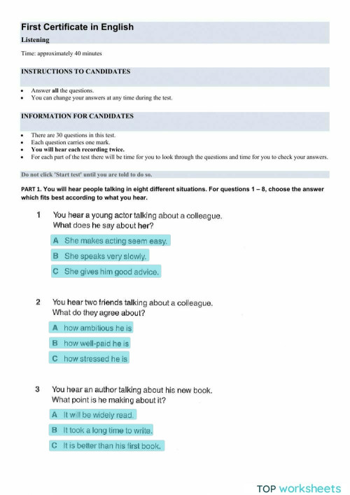 Fce Test 3 Listening Interactive Worksheet Topworksheets - V Fce Test 3 Listening Interactive Worksheet Topworksheets - V