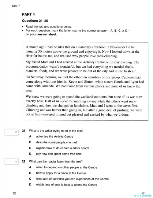 PET 2 Test 1 R Part 4. Interactive worksheet | TopWorksheets