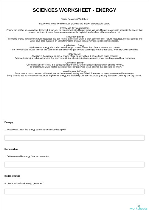 SCIENCES WORKSHEET - ENERGY. Interactive worksheet | TopWorksheets