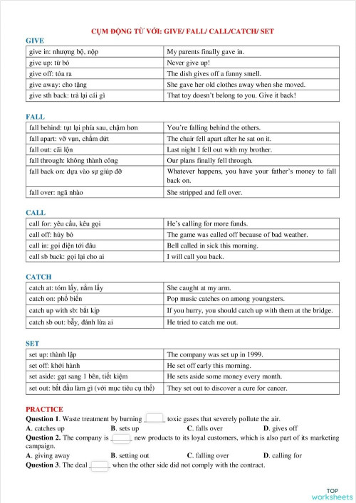 GIVE- FALL- CALL-CATCH - SET 01. Interactive worksheet | TopWorksheets