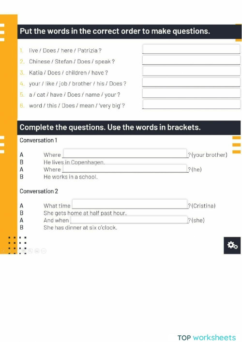 (SA) Questions - Present Simple, he, she, it. Interactive worksheet ...