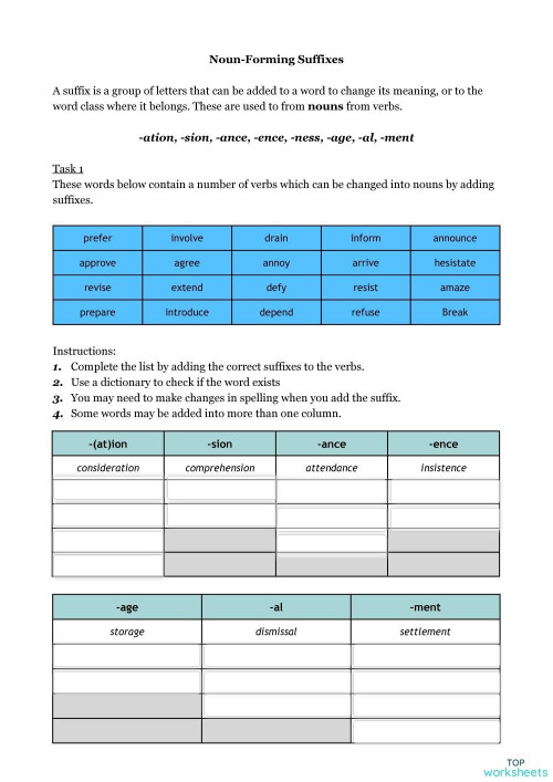 Noun-Forming Suffixes. Interactive worksheet | TopWorksheets