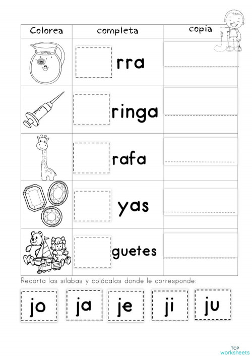 COMPLETA LAS SILABAS Y ESCRIBE. J.. Ficha interactiva | TopWorksheets