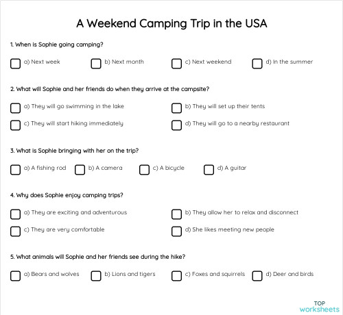 A Weekend Camping Trip in the USA. Interactive worksheet | TopWorksheets