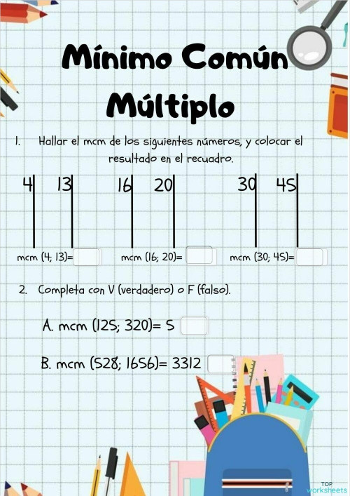 mínimo común múltiplo. Ficha interactiva | TopWorksheets