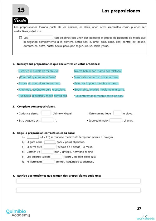 Las preposiciones. Ficha interactiva | TopWorksheets