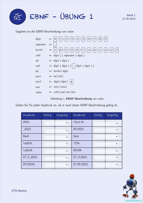 EBNF Übungen. Interaktives Arbeitsblatt | TopWorksheets