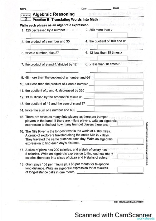 Lesson 1.4 Translating Words into Math (7th). Interactive worksheet ...