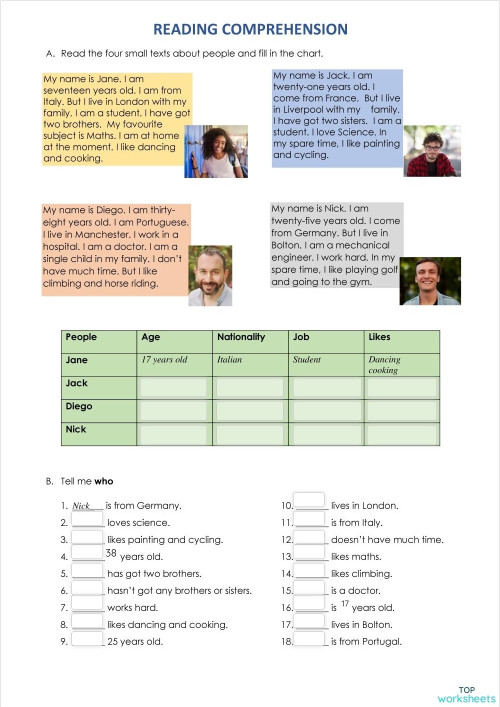 Reading: Personal information. Interactive worksheet | TopWorksheets