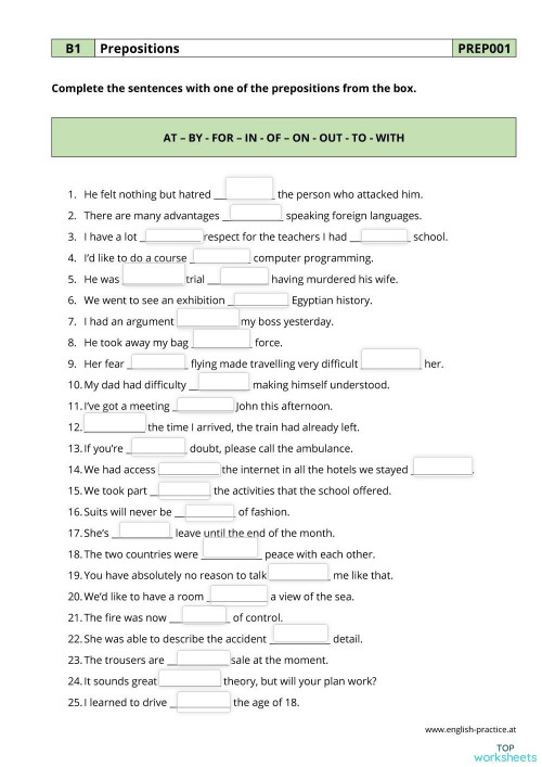 Prepositions 14. Interactive worksheet | TopWorksheets