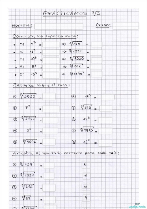 Raíz cúbica. Ficha interactiva | TopWorksheets
