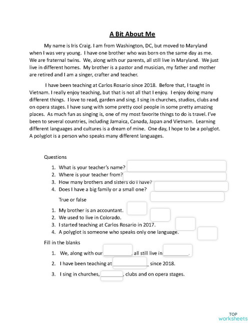 A Bit About Me. Interactive worksheet | TopWorksheets