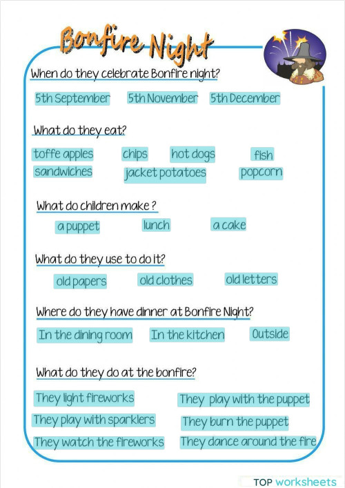 Bonfire night. Interactive worksheet | TopWorksheets