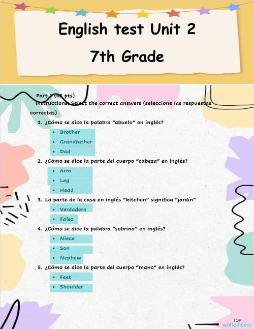 Final exam unit 2 7th grade. Interactive worksheet | TopWorksheets