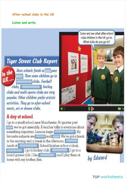 Tiger 4 After-school clubs. Interactive worksheet | TopWorksheets