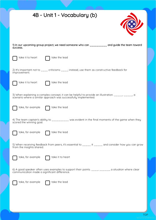 4B - Unit 1 - Vocabulary (b). Interactive worksheet | TopWorksheets