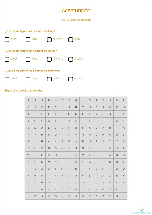 Acentuación: fichas interactivas y ejercicios online | TopWorksheets