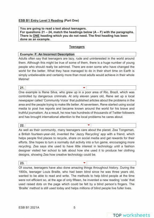ESB B1 2021A READING. Interactive worksheet | TopWorksheets