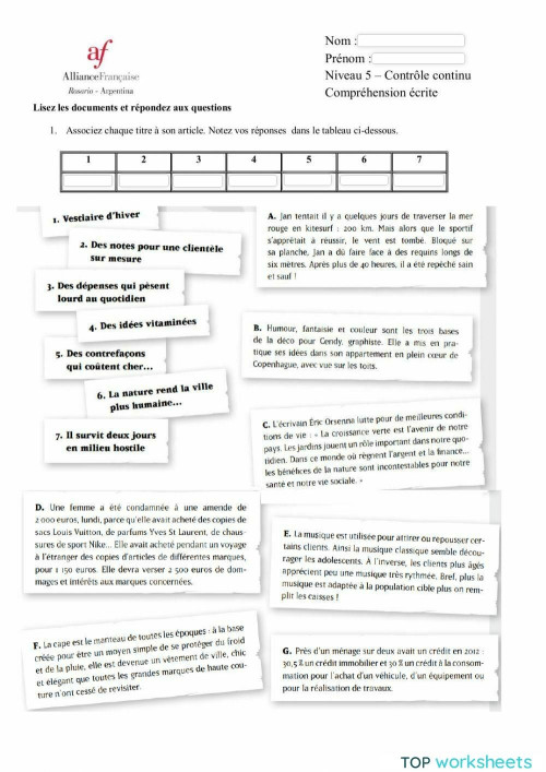 Compréhension écrite. Fiche interactive | TopWorksheets