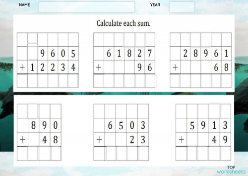 YR4: 5-Digit Addition (Column Addition). Interactive worksheet ...
