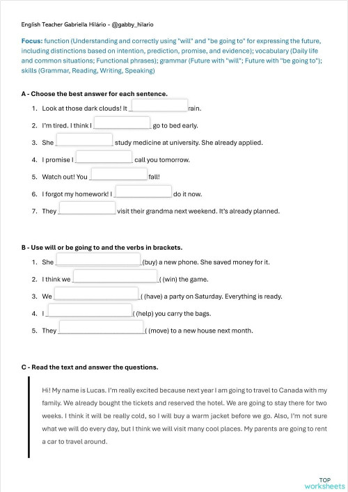 Grammar - Will vs. Be going to. Interactive worksheet | TopWorksheets