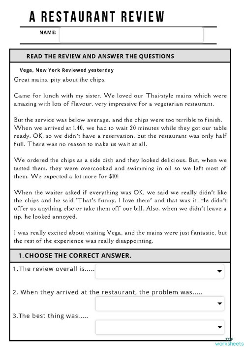 A restaurant review. Interactive worksheet | TopWorksheets