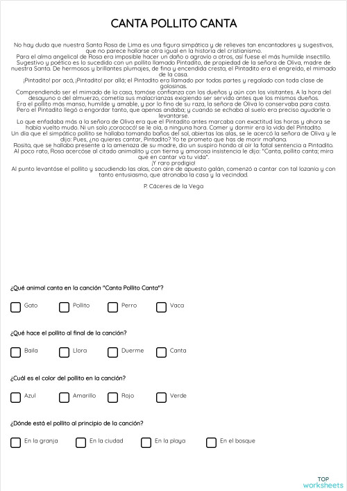 CANTA POLLITO CANTA. Ficha interactiva | TopWorksheets