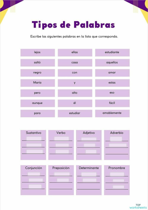 Repaso clases de palabras. Ficha interactiva | TopWorksheets