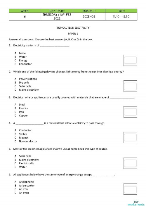 TOPICAL TEST ON ELECTRICITY P1. Interactive worksheet | TopWorksheets