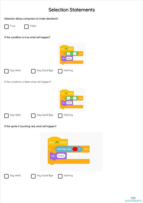 Selection Statements Interactive Worksheet Topworksheets